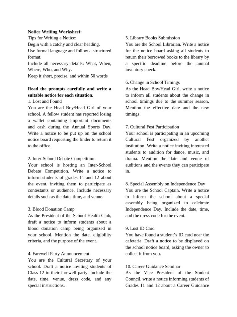 Notice Writing Worksheet Grade 12 | PDF