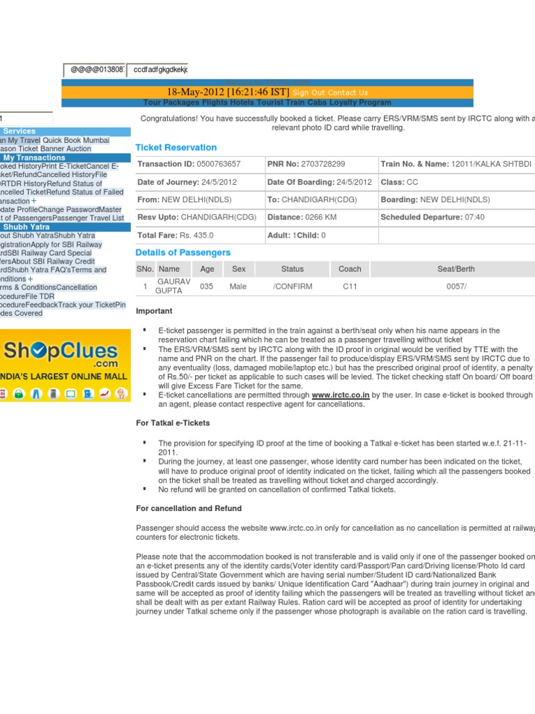 IRCTC | PDF | Identity Document | Ticket (Admission)