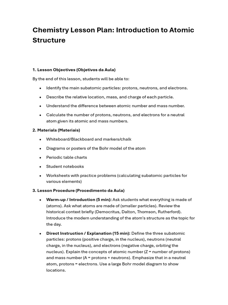 Chemistry Lesson Plan | PDF | Atoms | Proton