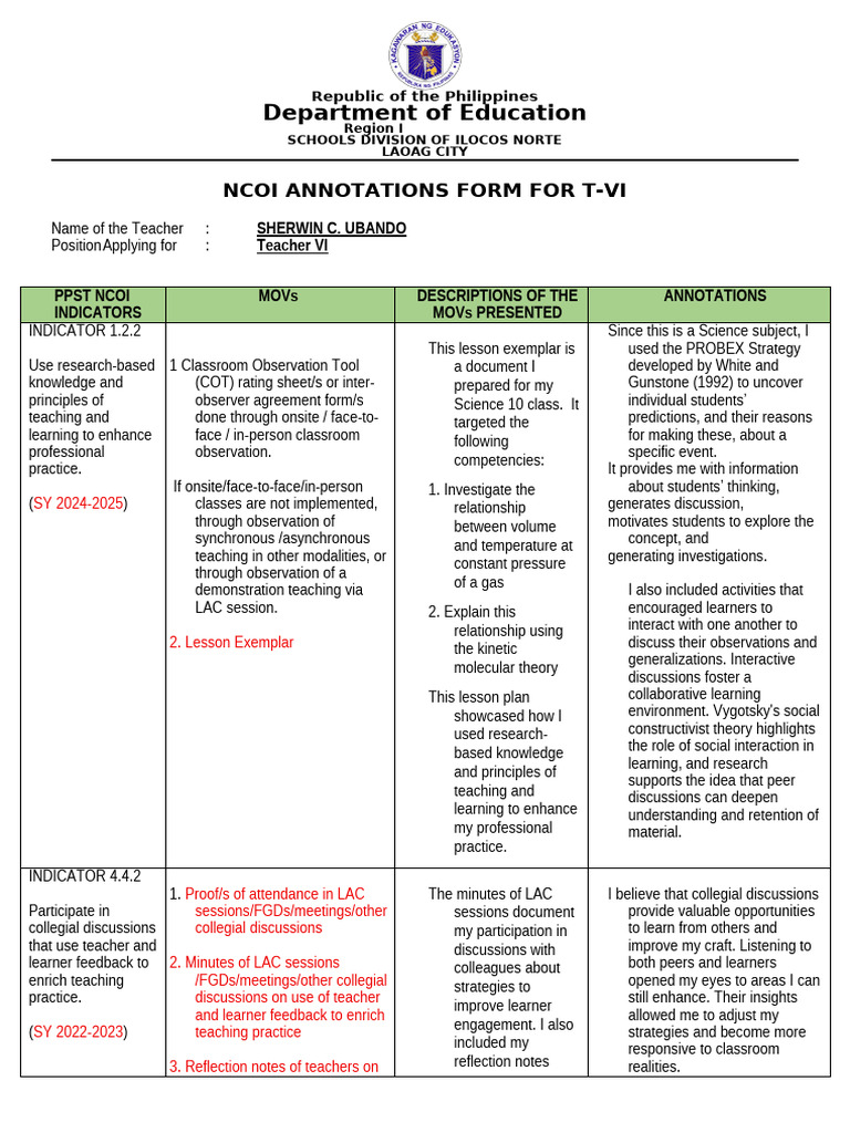 NCOI Annotations for Teacher VI | PDF | Learning | Teachers