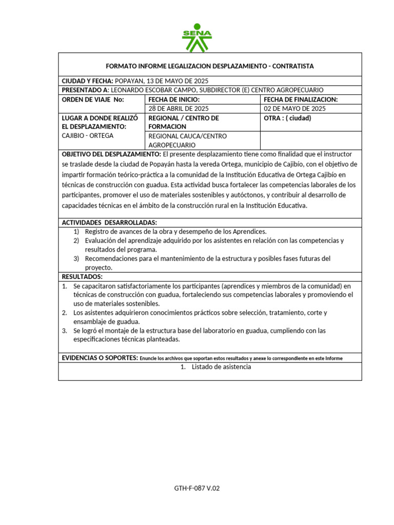 GTH F 087FormatoInformeLegalizacionDesplazamientoDelContratistaV.02 | PDF