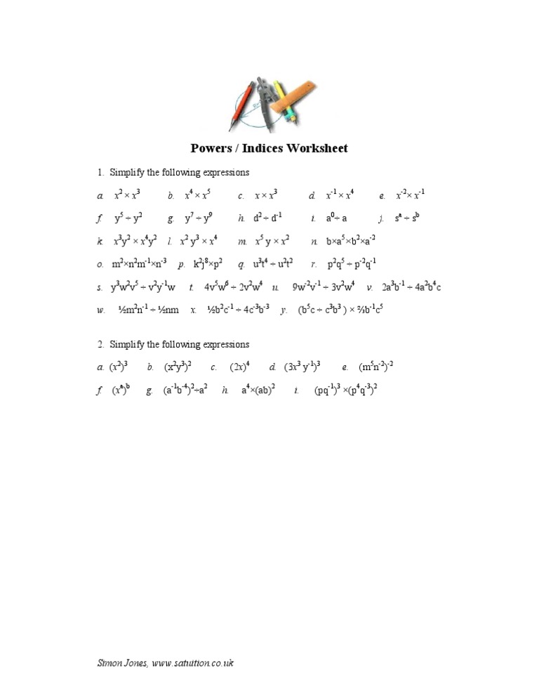 Powers and Indices Worksheet | PDF