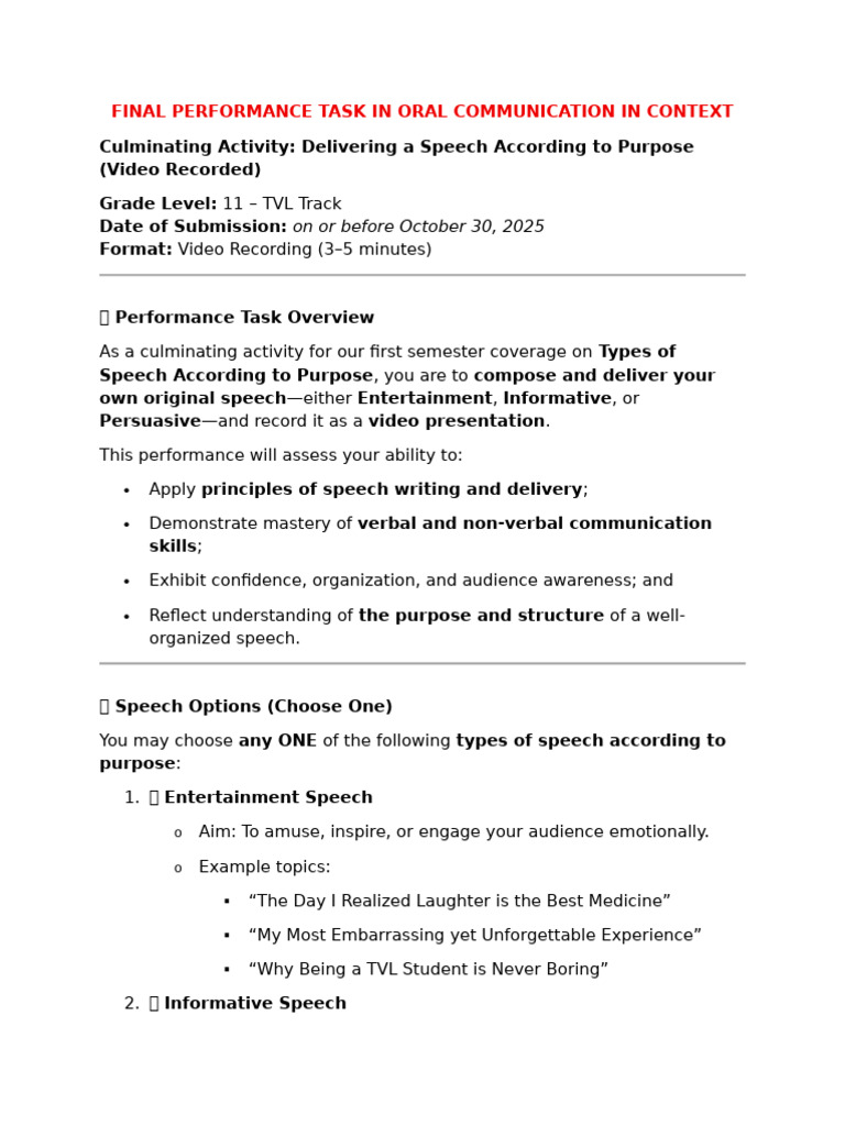 Final Performance Task in Oral Communication in Context | PDF | Communication | Rhetoric