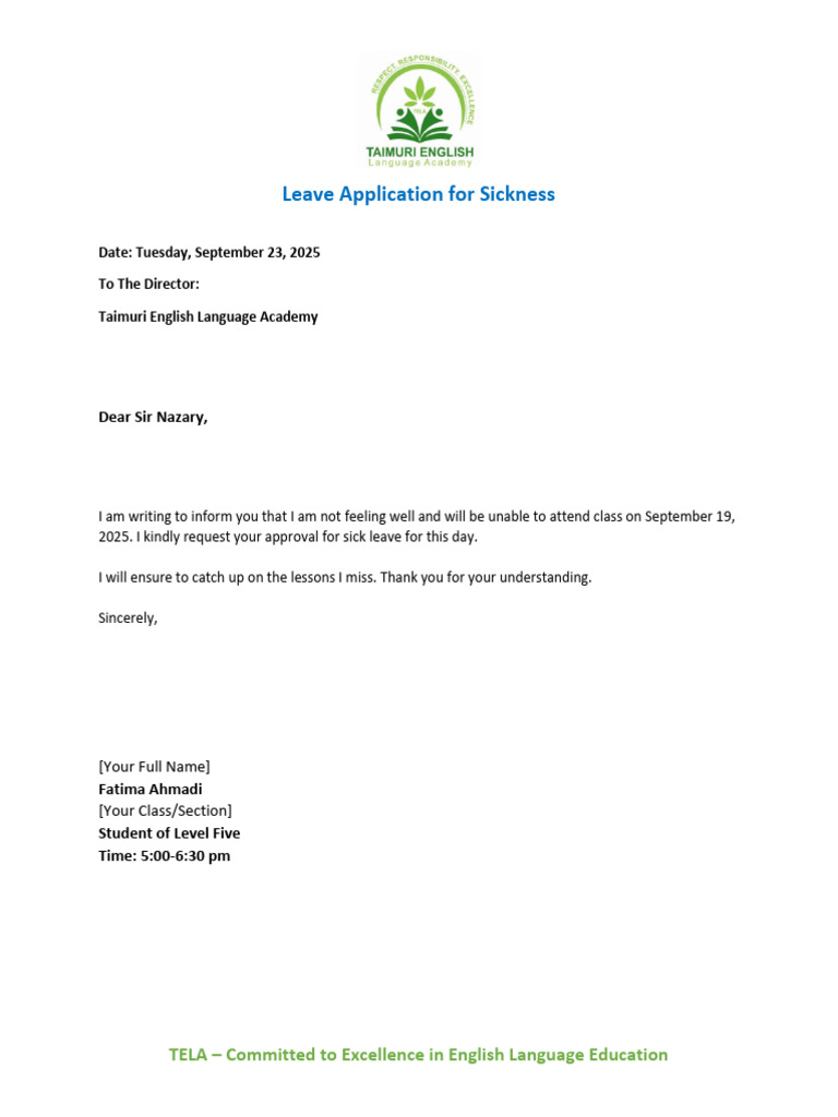 Leave Application For Sickness | PDF
