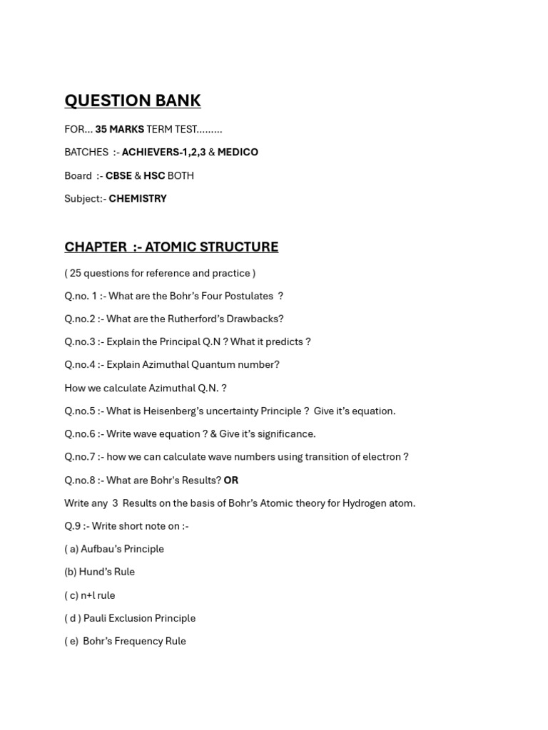 Chemistry Question Bank: Atomic Structure | PDF | Atomic Orbital ...