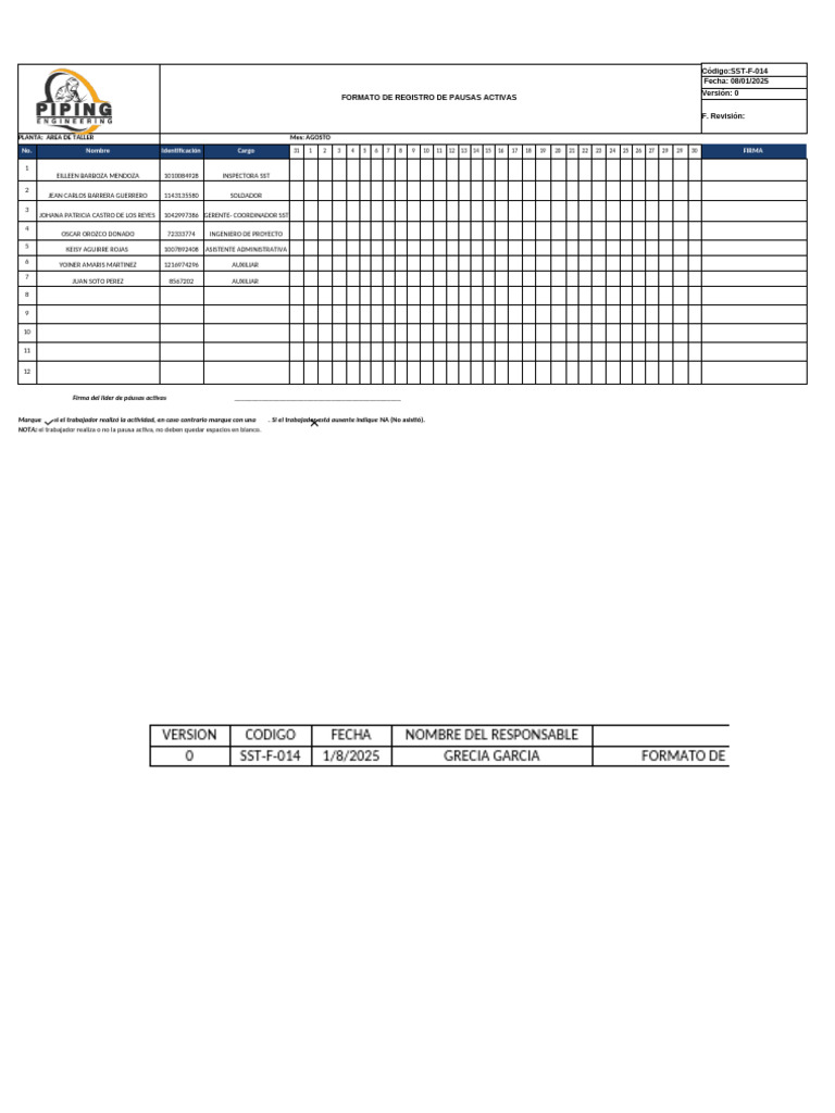 Sst-f-014 Formato de Registro de Pausas y Activas | PDF