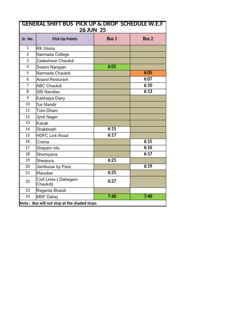 Revised Pick Up & Drop Schedule | PDF