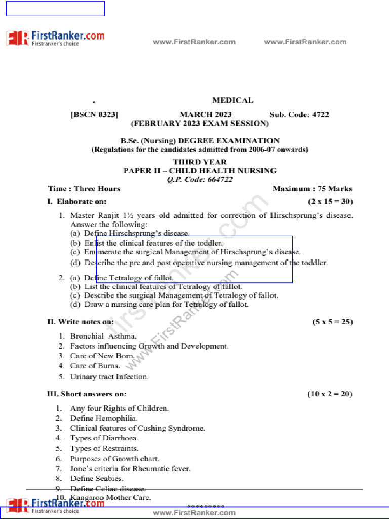 FR 664722 Child Health Nursing Question Paper | PDF