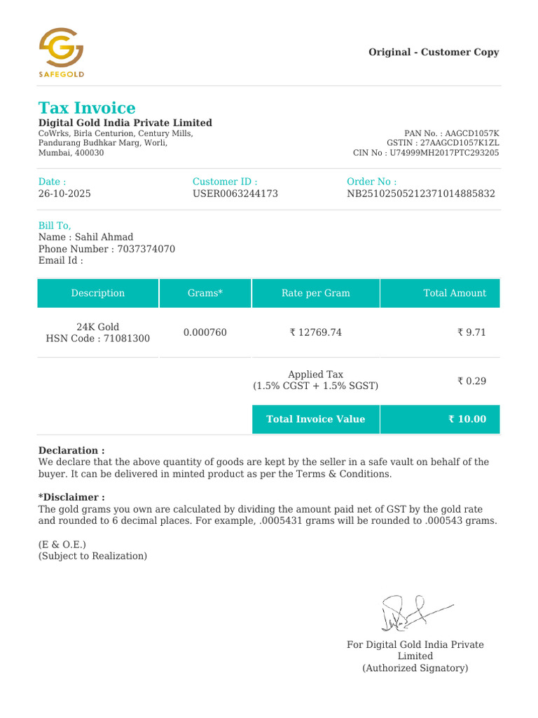 Digital Gold India Tax Invoice | PDF