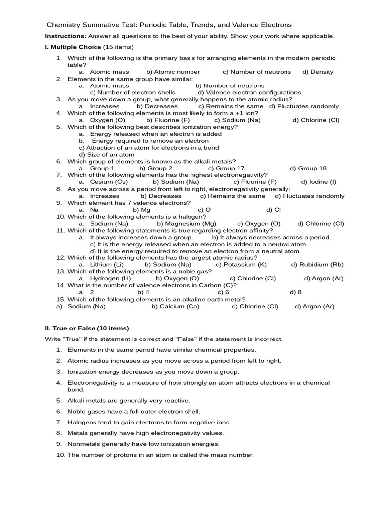 Chemistry Test: Periodic Table & Trends | PDF | Periodic Table | Chlorine