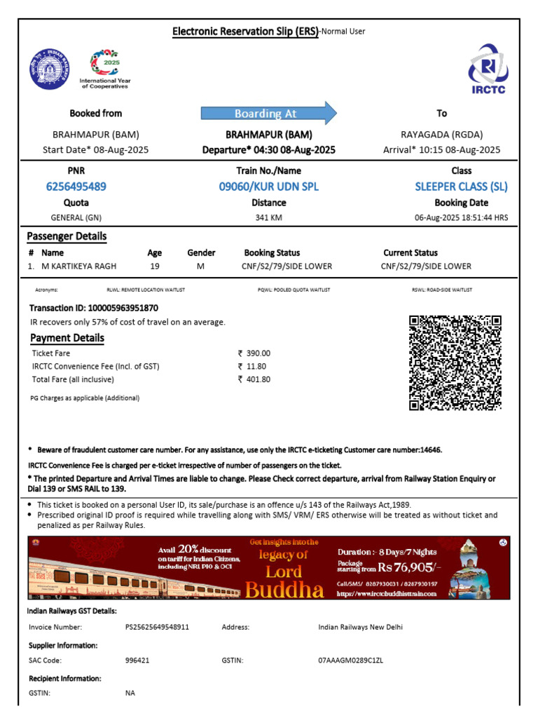 09060/KUR UDN SPL Sleeper Class (SL) | PDF | Identity Document | Payments