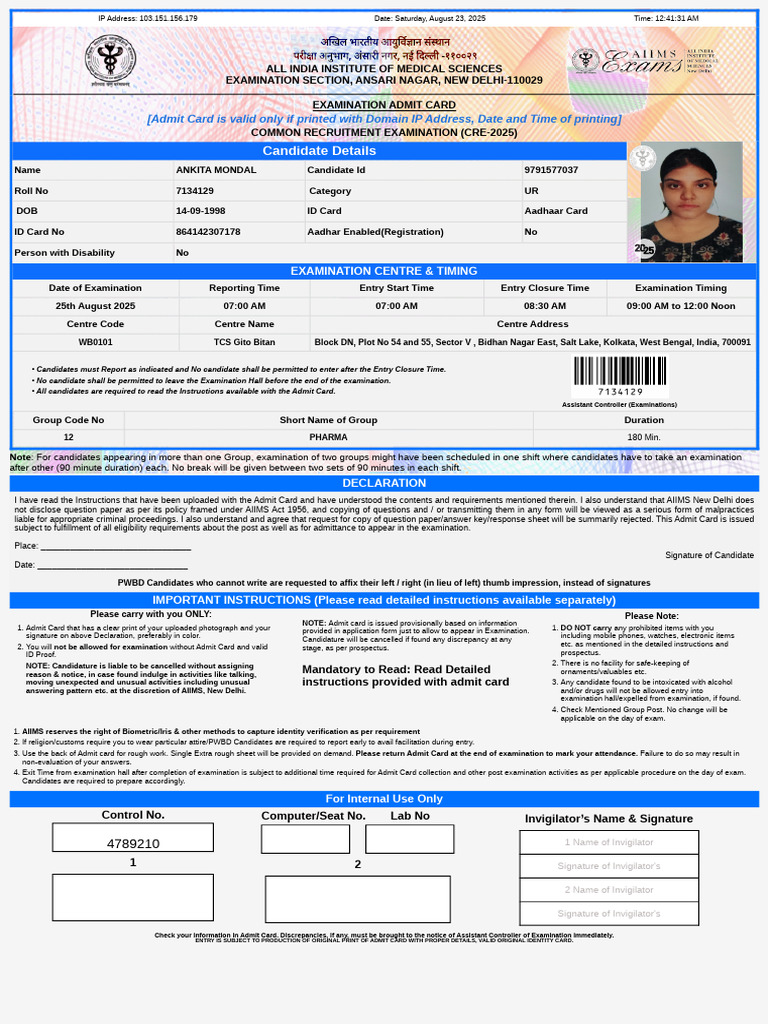 Admit Card AIIMS | PDF