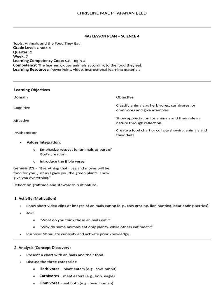 Grade 4 Science Lesson: Animal Diets | PDF | Foods | Learning