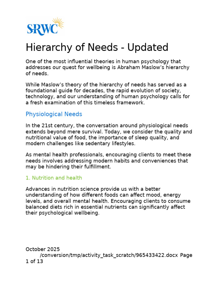 NEW Hierarchy of Needs - Updated | PDF | Self Actualization | Well Being
