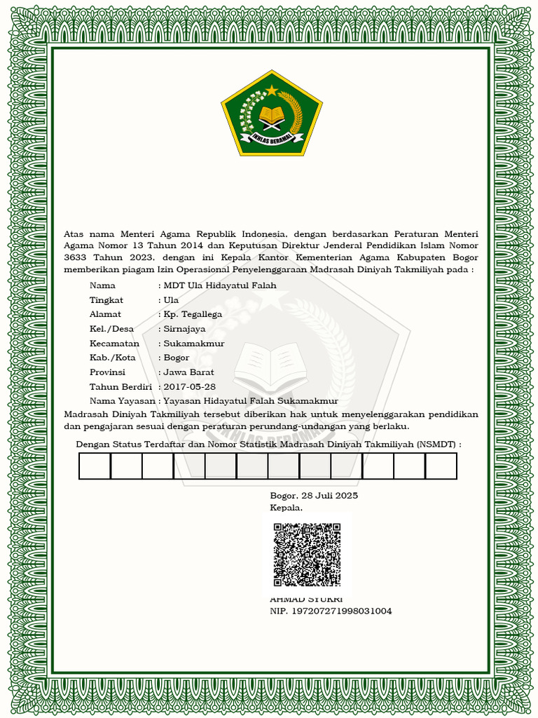 Piagam MD Hidayatul Falah | PDF