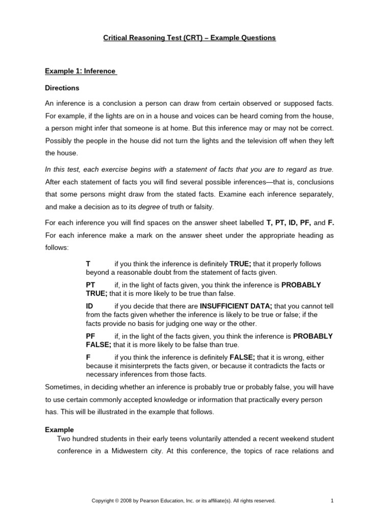 Critical Reasoning Test Example Questions | PDF | Inference | Truth