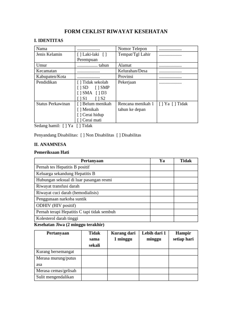 Form Ceklist Anamnesa CGK | PDF