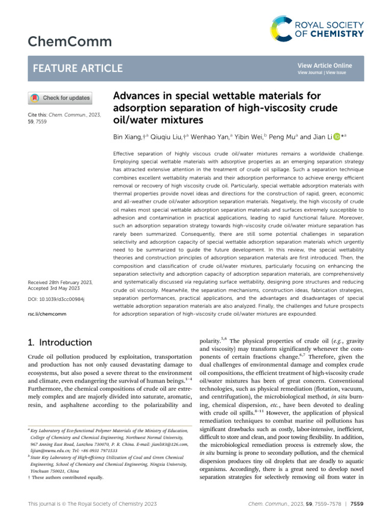 Advances in Special Wettable Materials for Adsorption -- Bin Xiang ...
