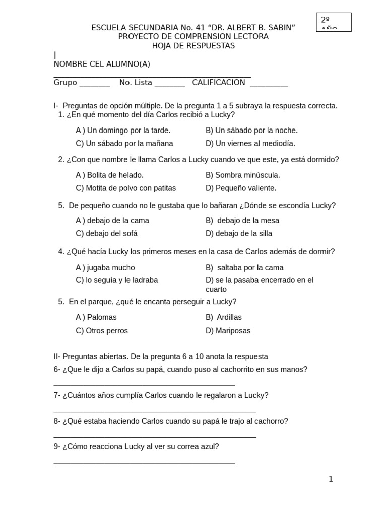 Proyecto de Comprensión Lectora 2º Año | PDF