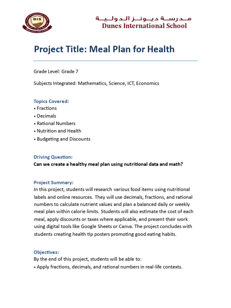 PBL Mathematics Meal Plan For Health Project Final | PDF ...