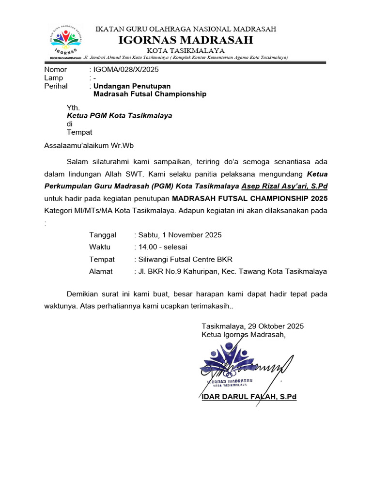 Undangan Penutupan Futsal Madrasah 2025 | PDF