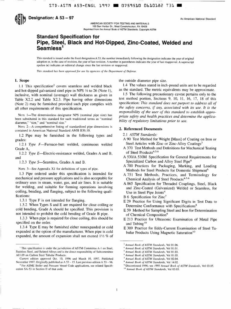 ASTM A53 - 1997 - Specification For Pipe, Steel, Black and Hot-Dipped ...