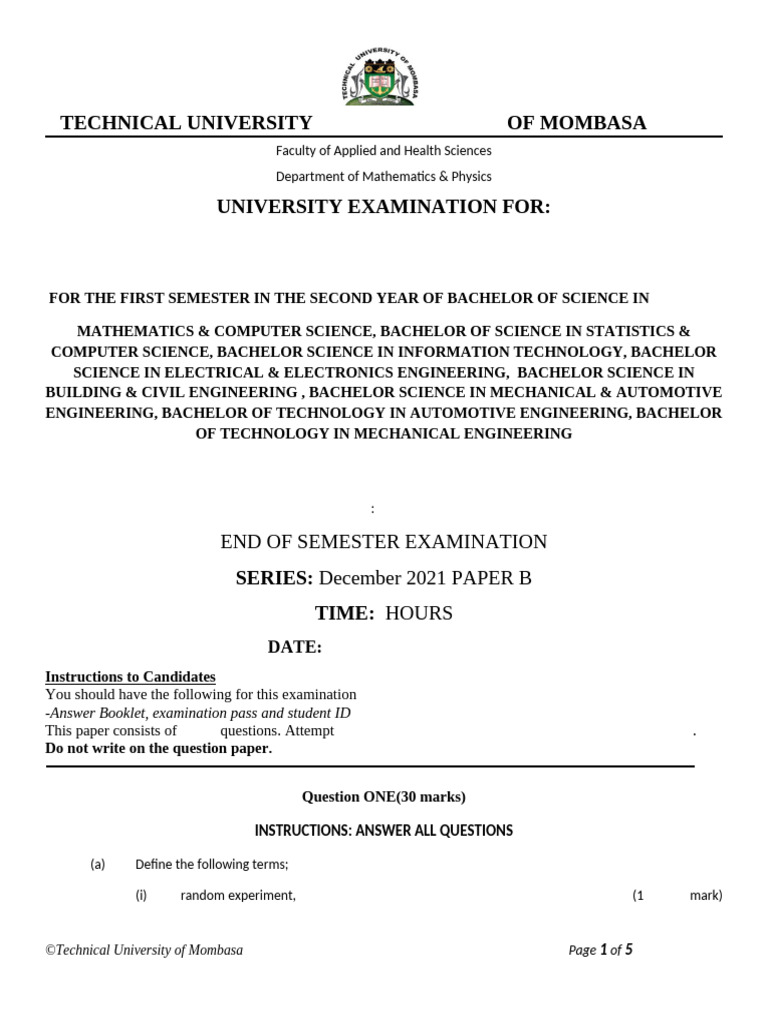 AMA 4203 statistics-B-Dec 2021 | PDF | Engineering | Probability