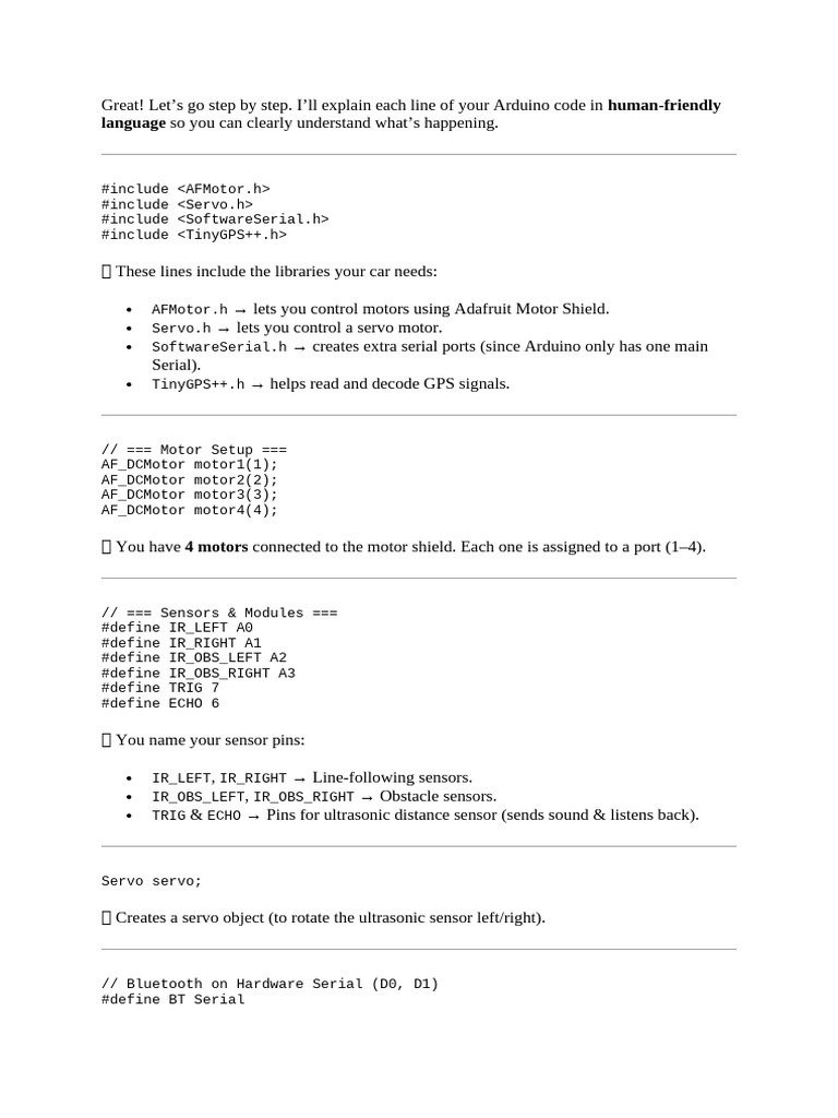 Arduino Smart Car Code Explained | PDF | Arduino | Computer Science