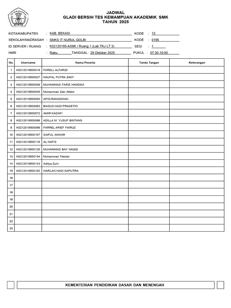 Jadwal Gladi TKA Rabu 2925 | PDF