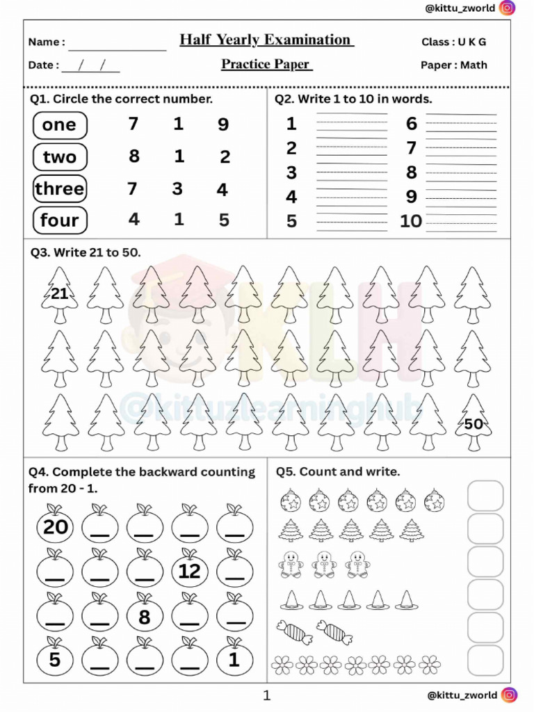 UKG Maths Half Yearly Exam PDF | PDF