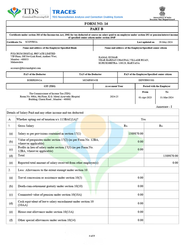 Form No. 16 Part B: Page 1 Of4 | PDF | Salary | Taxes