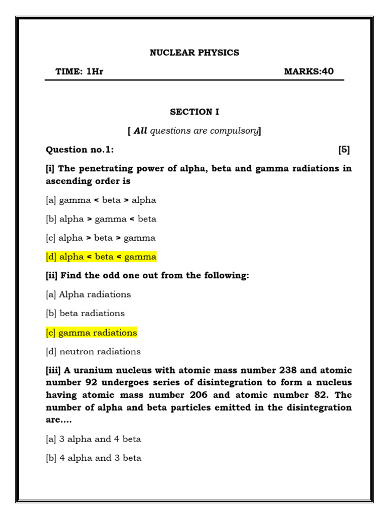 Nuclear Physics 40m Grade X 2025-26 Solutions | PDF | Gamma Ray | Ionizing Radiation
