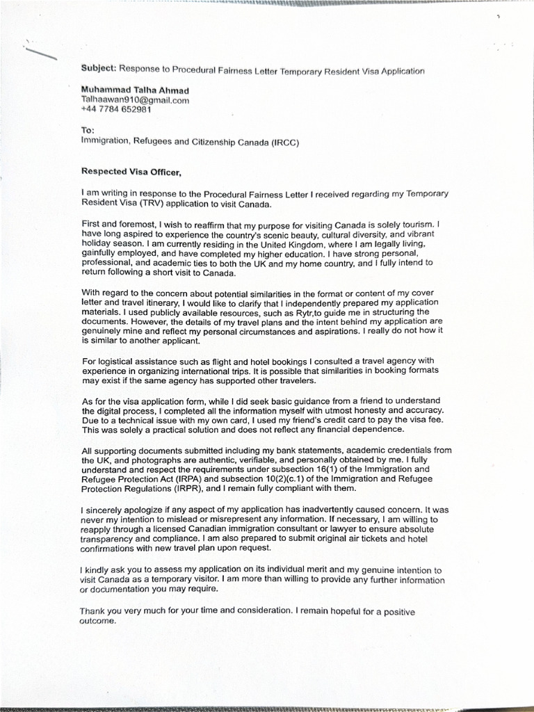Subject Response to Procedural Fairness Letter Temporary Resident Visa ...