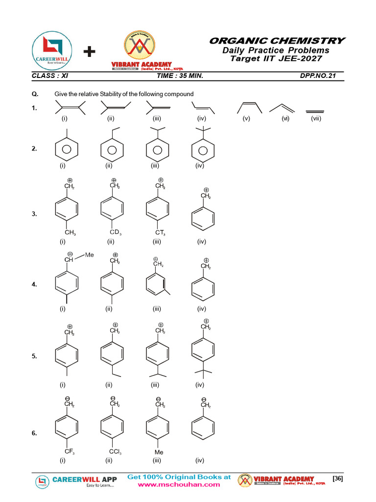 Organic Chemistry Stability Problems for IIT JEE | PDF | Chemical ...