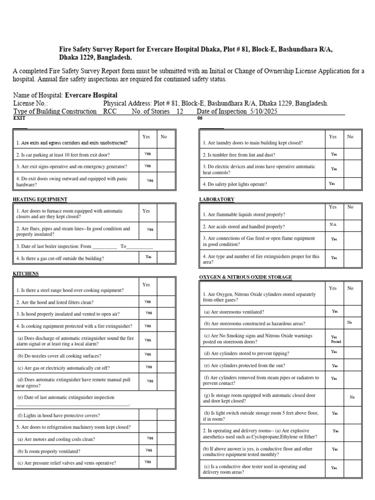 Fire Safety Survey Report - Evercare Hospital | PDF | Fire Sprinkler ...