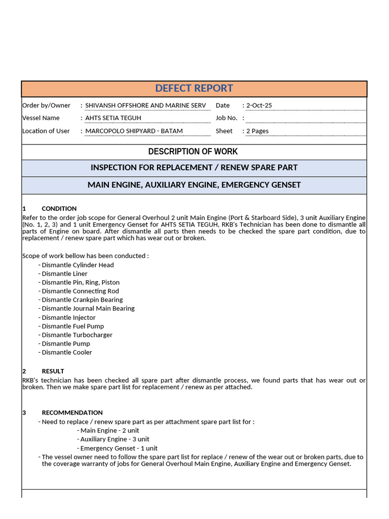 AHTS Setia Teguh Defect Report | PDF | Mechanical Engineering | Machines