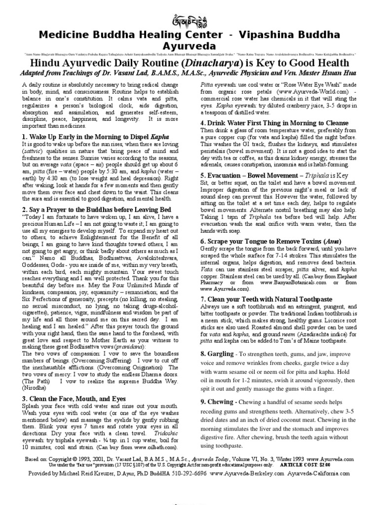 Dinacharya - Daily Routine Hindu Ayurveda | PDF | Ayurveda | Religion ...