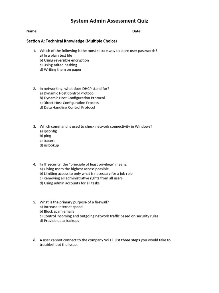 System Admin Skills Assessment Quiz | PDF