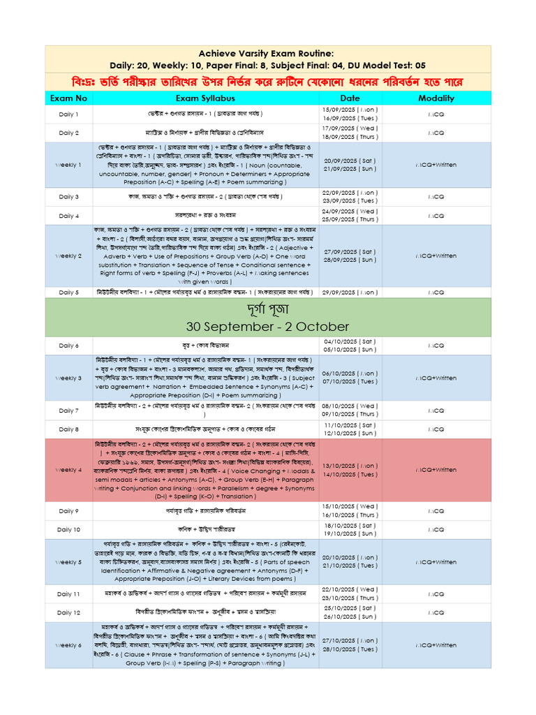 Varsity Batch Achieve Exam Routine 2025 - Sheet2 | PDF