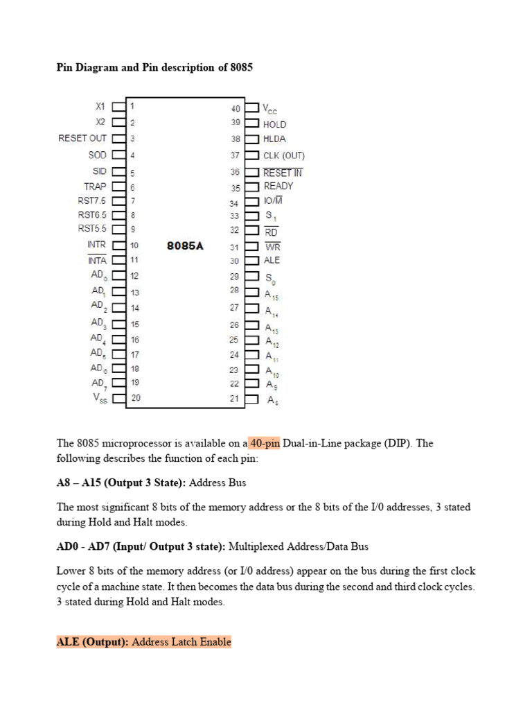 Pin Diagram of 8085 Microprocessor | PDF | Central Processing Unit | Input/Output