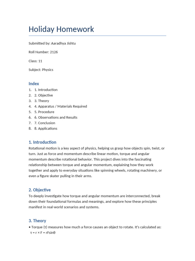 Holiday Homework Torque AngularMomentum Aaradhya | PDF | Angular ...