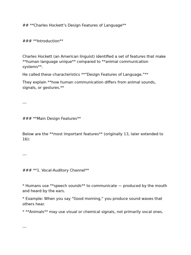 Hockett's 16 Language Features Explained | PDF | Communication ...