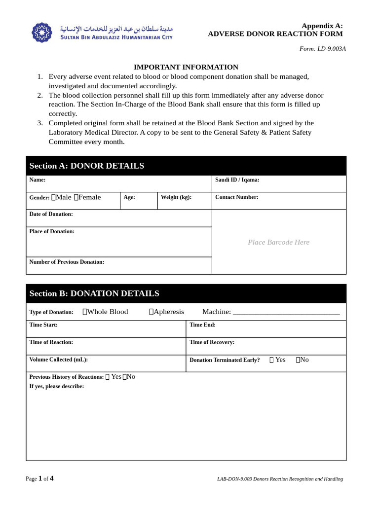 LAB-DON-9.003 Appendix A - Adverse Donor Reaction Form | PDF | Blood ...