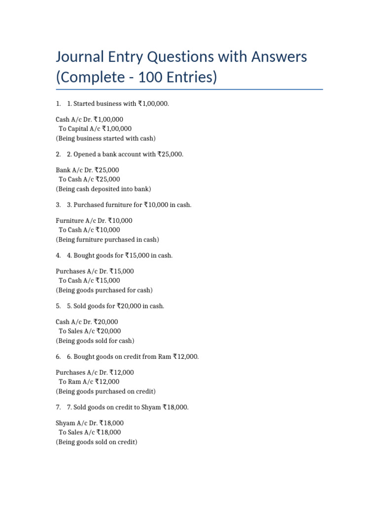 100 Journal Entry Questions & Answers | PDF | Payments | Cheque