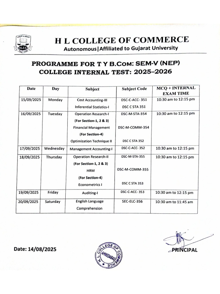 T Y B.com Sem-5 Exam Time Table | PDF