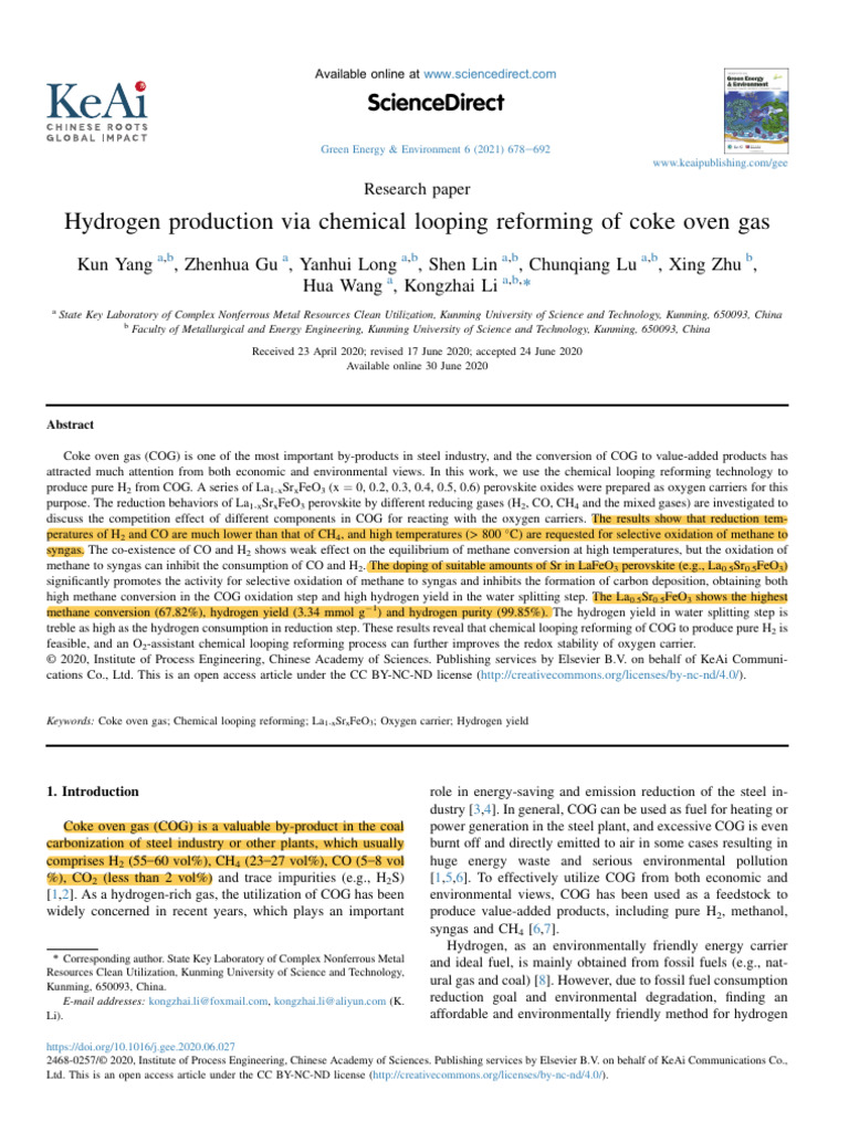 Hydrogen Production Via Chemical Looping Reforming of Coke Oven Gas ...