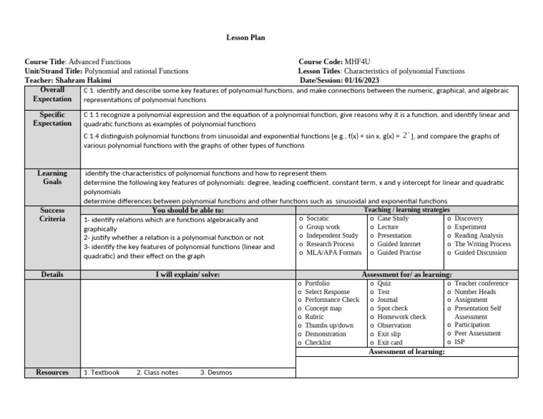 1-MHF4U Lesson Plans-Jan16 | PDF | Polynomial | Function (Mathematics)