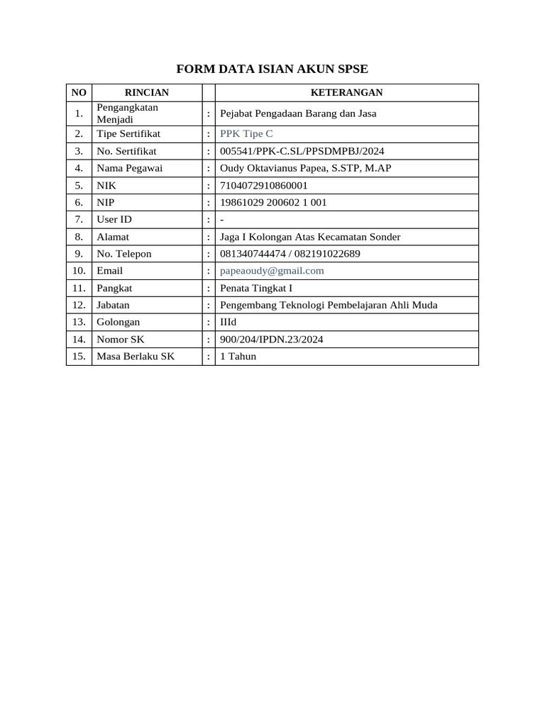 Form Data Isian Akun SPSE (1) - 1 | PDF