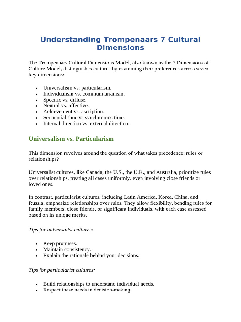 Trompenaars' 7 Cultural Dimensions Explained | PDF | Goal | Individualism