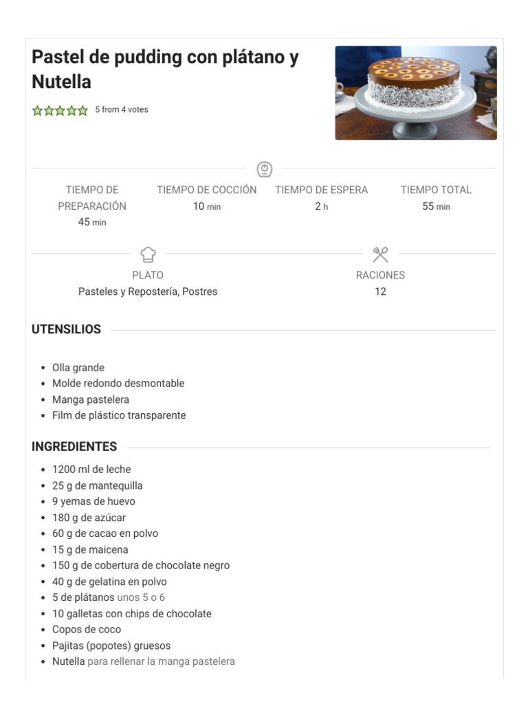 Pastel de Pudding Con Plátano y Nutella - Riquísimo | PDF